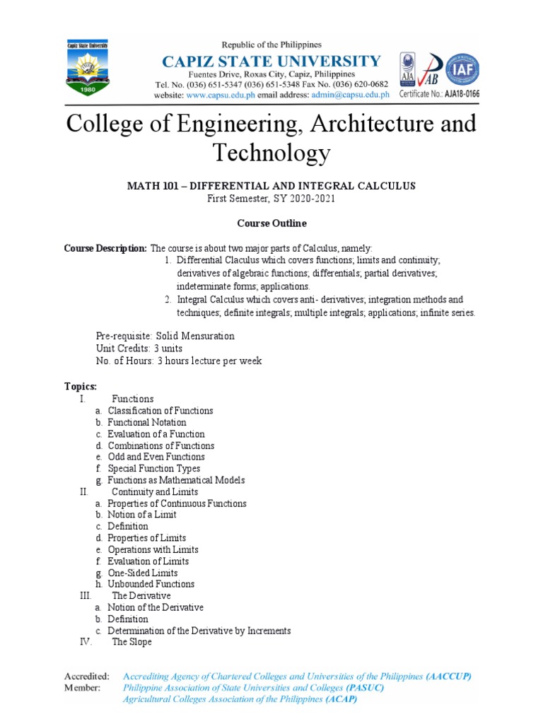 Course Outline Math 101 | PDF | Derivative | Function (Mathematics)
