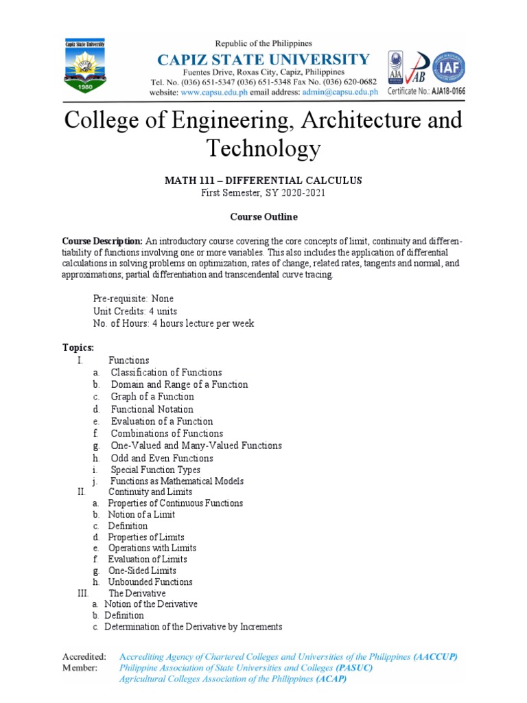 Course Outline Math 111 Pdf Derivative Function Mathematics