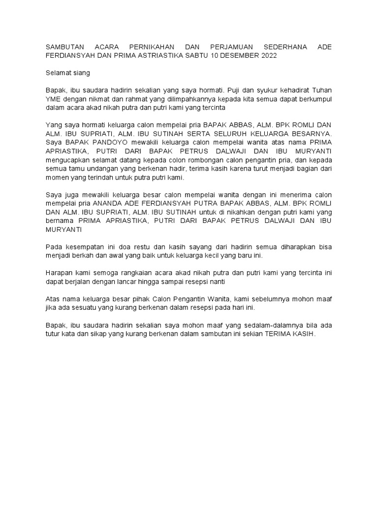 Sambutan Acara Pernikahan Dan Perjamuan Sederhana Ade Ferdiansyah Dan ...