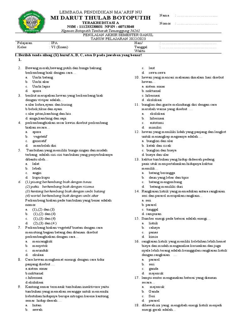 Soal Ipa KLS 6 SMTR 1 | PDF