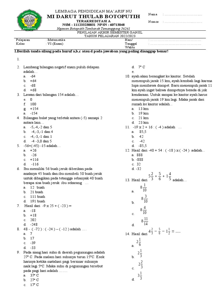 Soal MTK KLS 6 SMT 1 | PDF