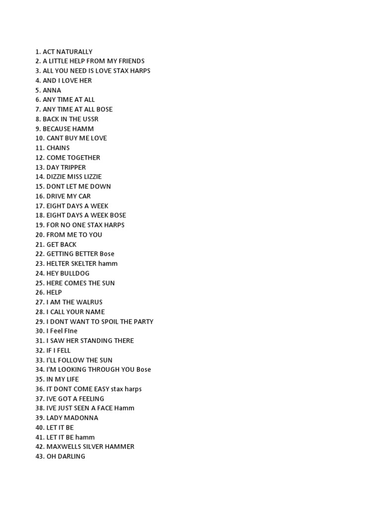 Beatles Song List and Variations | PDF | Art | Poetry