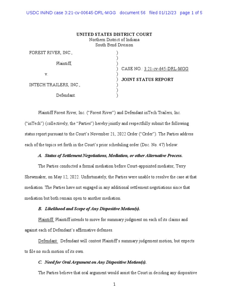 Forest River Joint Status Report | PDF | Daubert Standard | Judiciaries