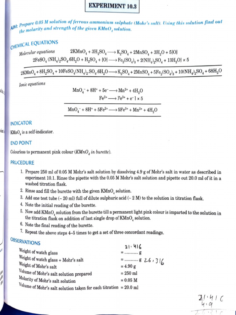 Malarity and Strength of KMnO4 | PDF | Titration | Chemistry
