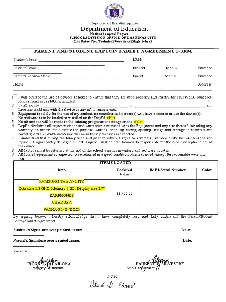 Laptop/Tablet Loan Agreement Form | PDF | Laptop | Tablet Computer