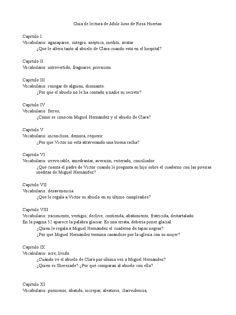 Guía de Lectura de Mala Luna. | PDF