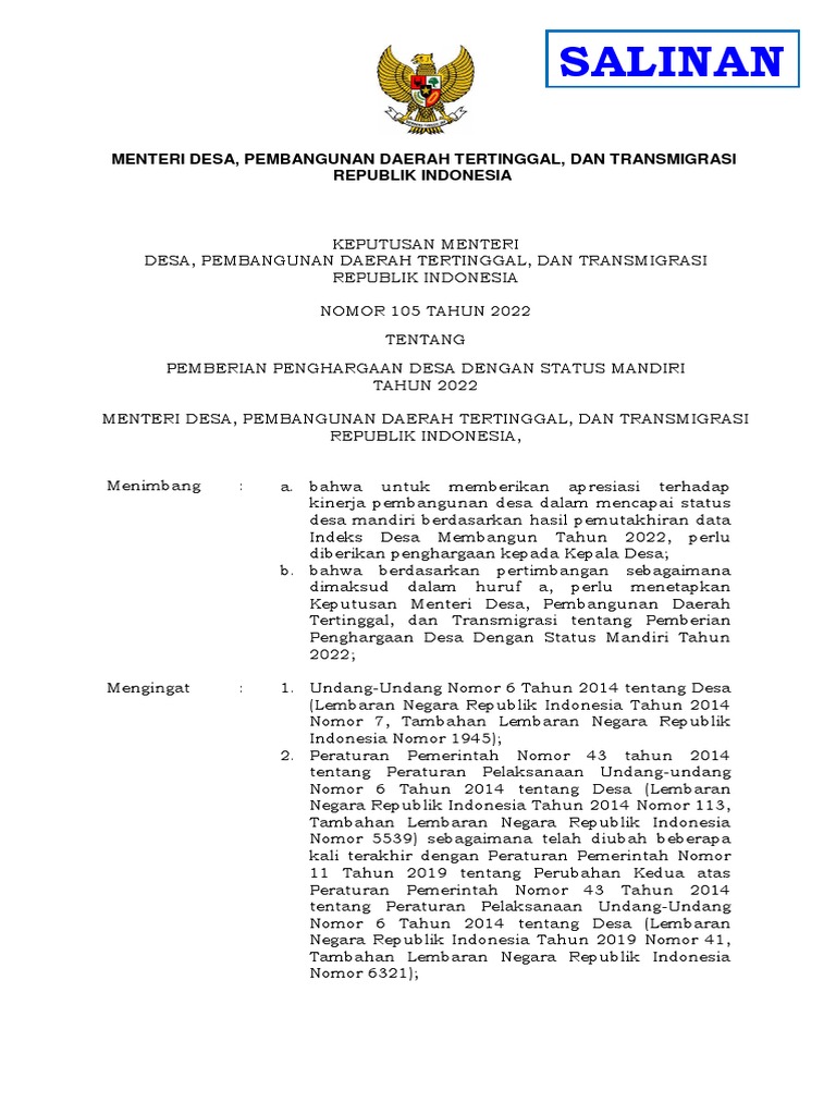 KepmenDesaPDTT Nomor 105 Tahun 2022 TTG Pemberian Penghargaan Desa ... KepmenDesaPDTT Nomor 105 Tahun 2022 TTG Pemberian Penghargaan Desa ...