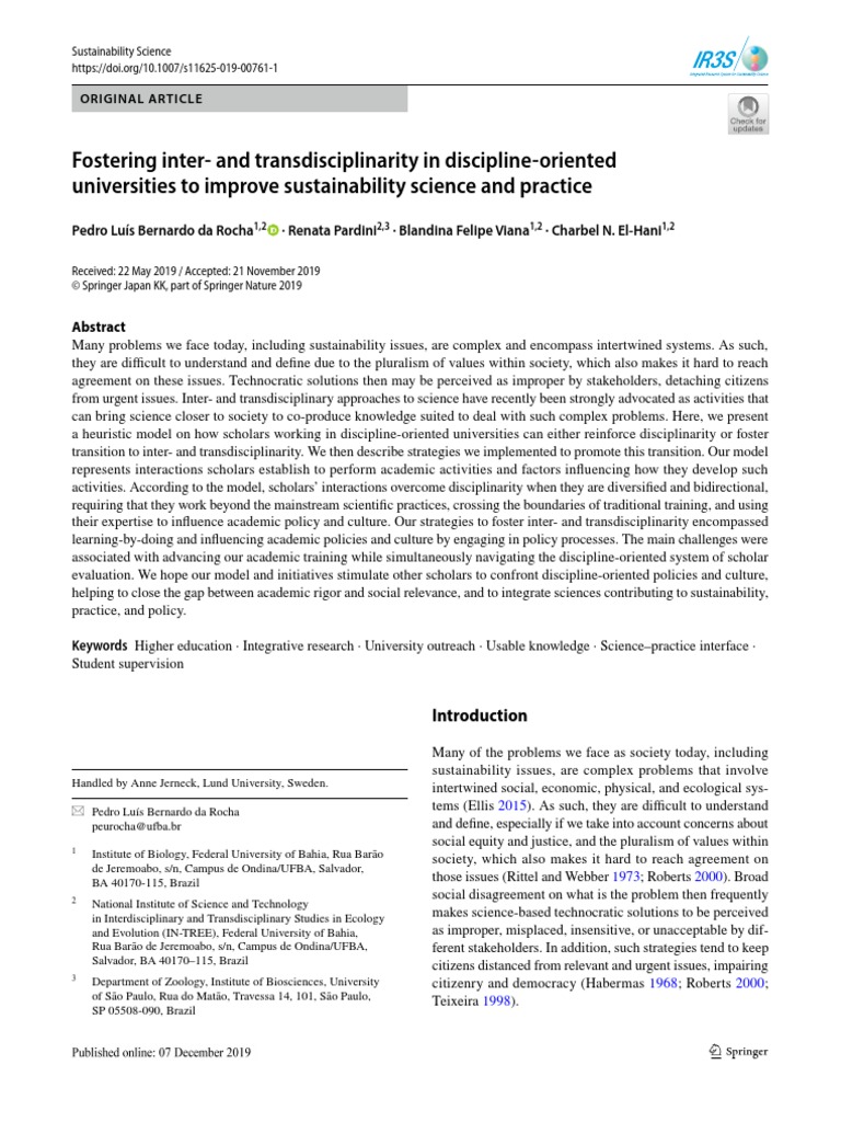 Rocha Et Al 2020 Fostering Inter - and Transdisciplinarity in Discipline-Oriented Universities ...