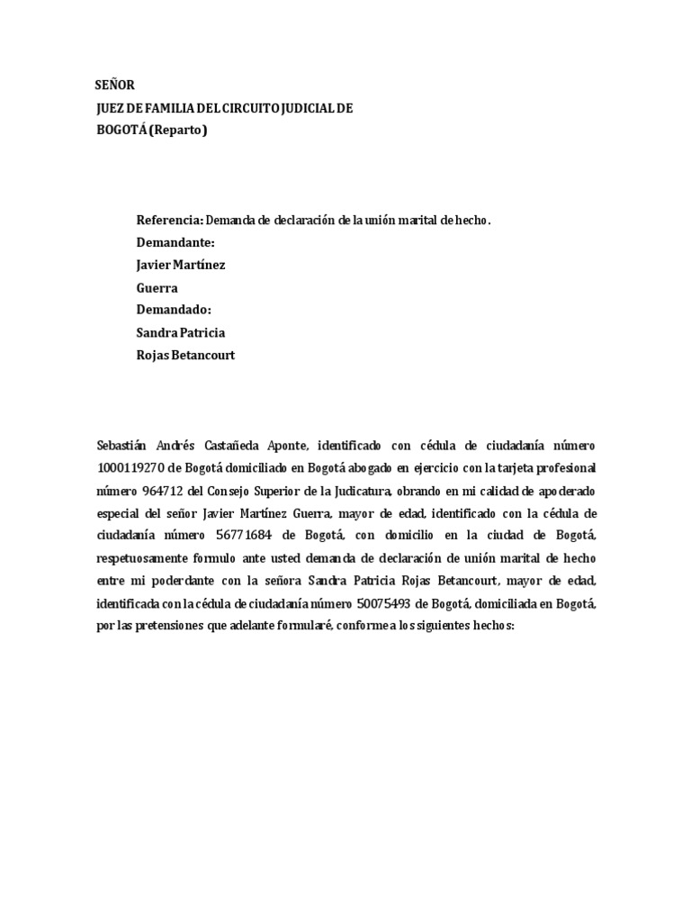 Demanda de declaración de unión marital de hecho | PDF | Gobierno ...