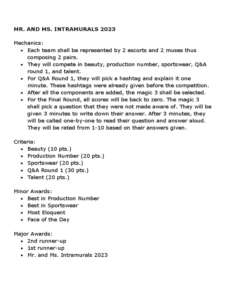 Mr. and Ms. Intramurals 2023 Guidelines | PDF