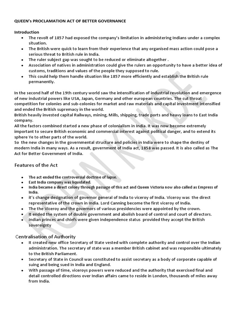 QUEEN's PROCLAMATION ACT OF BETTER GOVERNANCE | PDF | British Raj ...