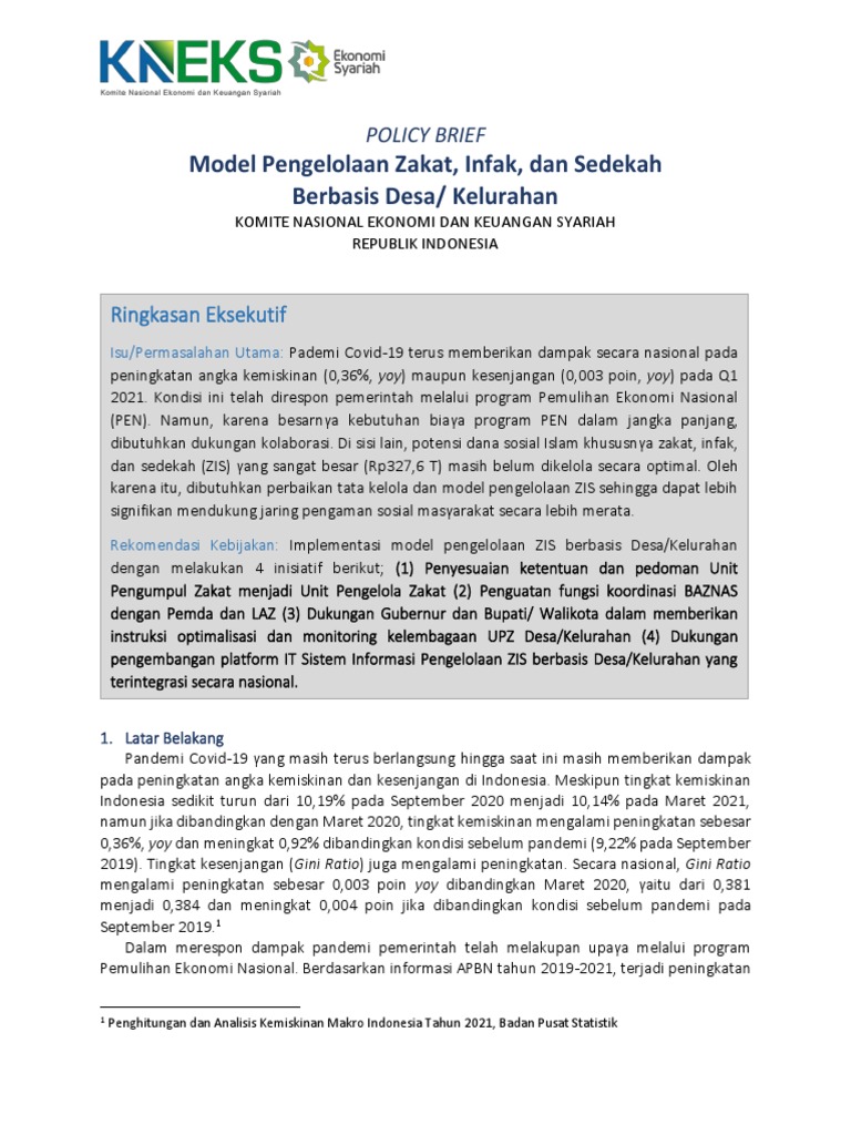 1641956304-Policy Brief Model Pengelolaan ZIS Berbasis Desa Kelurahan | PDF