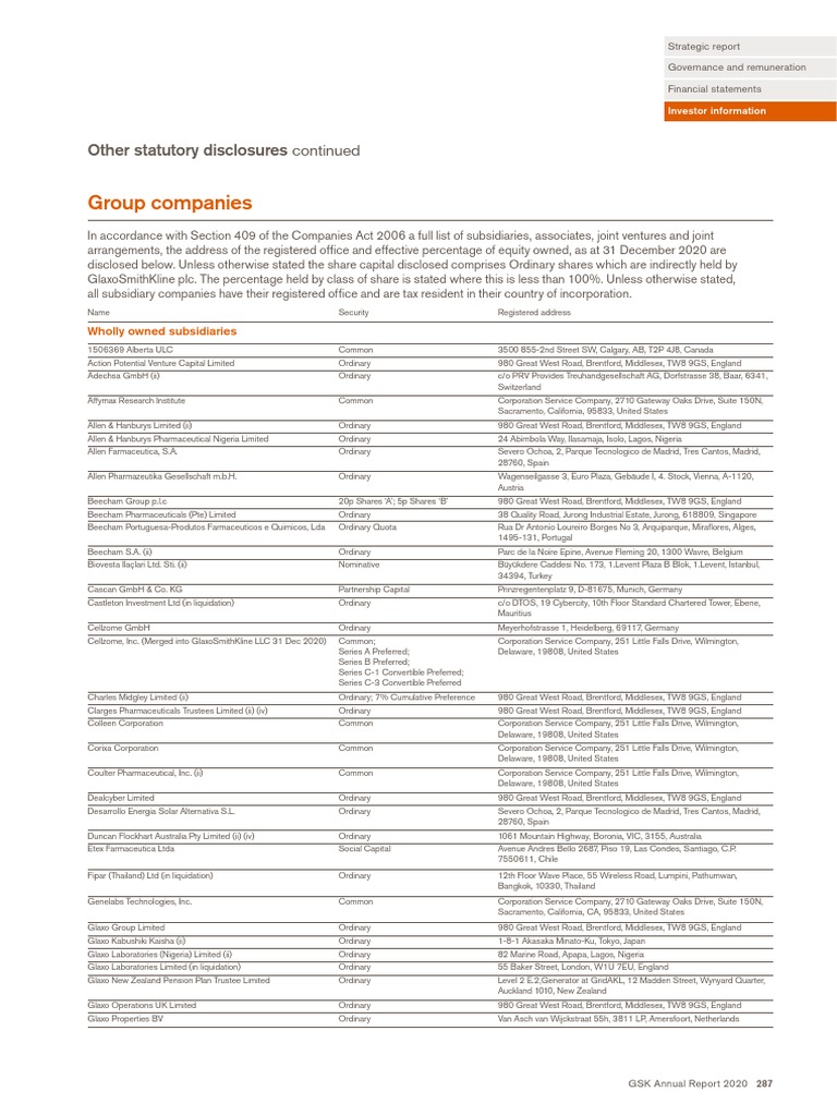 GSK Group Company Names and Addresses 2020 | PDF | Glaxo Smith Kline ...