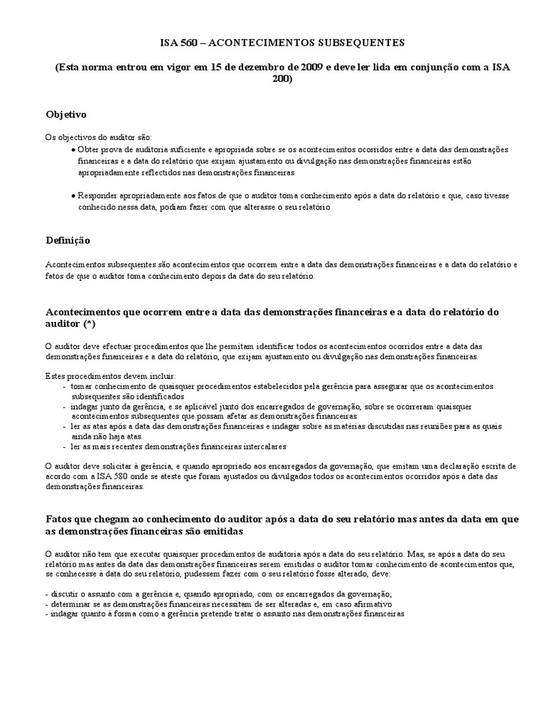 ISA 560 - Acontecimentos Subsequentes | PDF