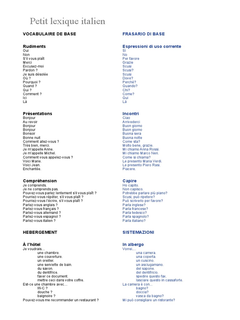 Petit Lexique Italien | PDF | Transport | Nourriture et boisson