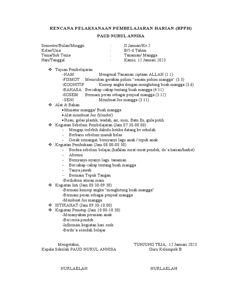 RPPH Tema Tanaman: Mangga PAUD B | PDF