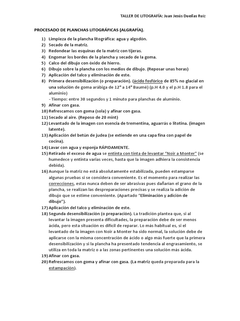 Procesado de Planchas Litográficas (Resumen) | PDF
