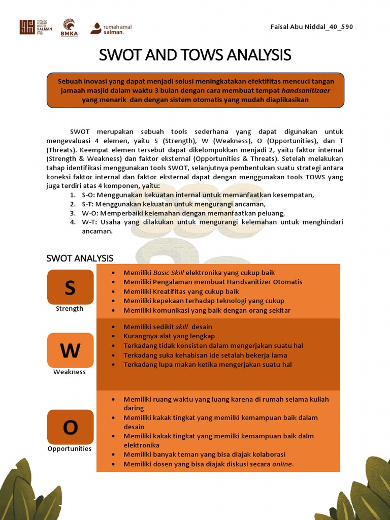 Faisal Abu Niddal - 40 - POLMAN Bandung - Worksheet 2 - SWOT and TOWS Analysis | PDF