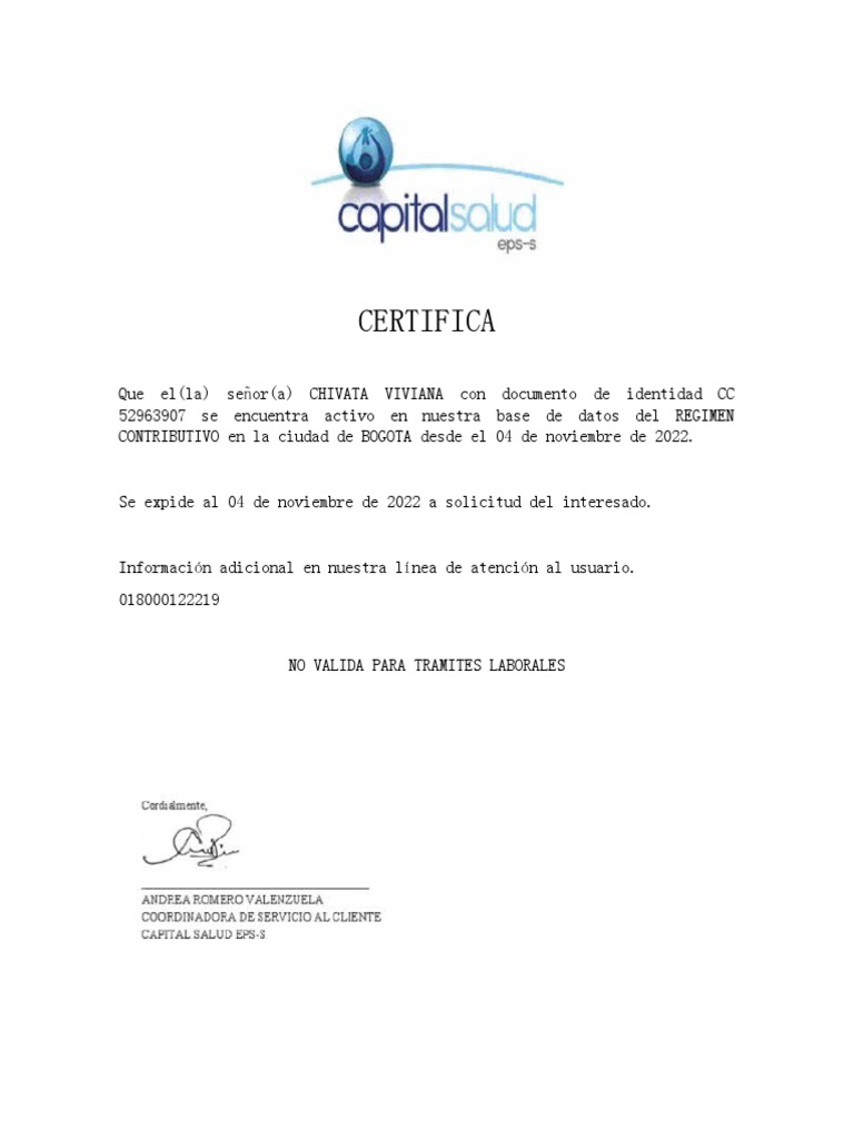 Certificado de Eps Capital Salud | PDF