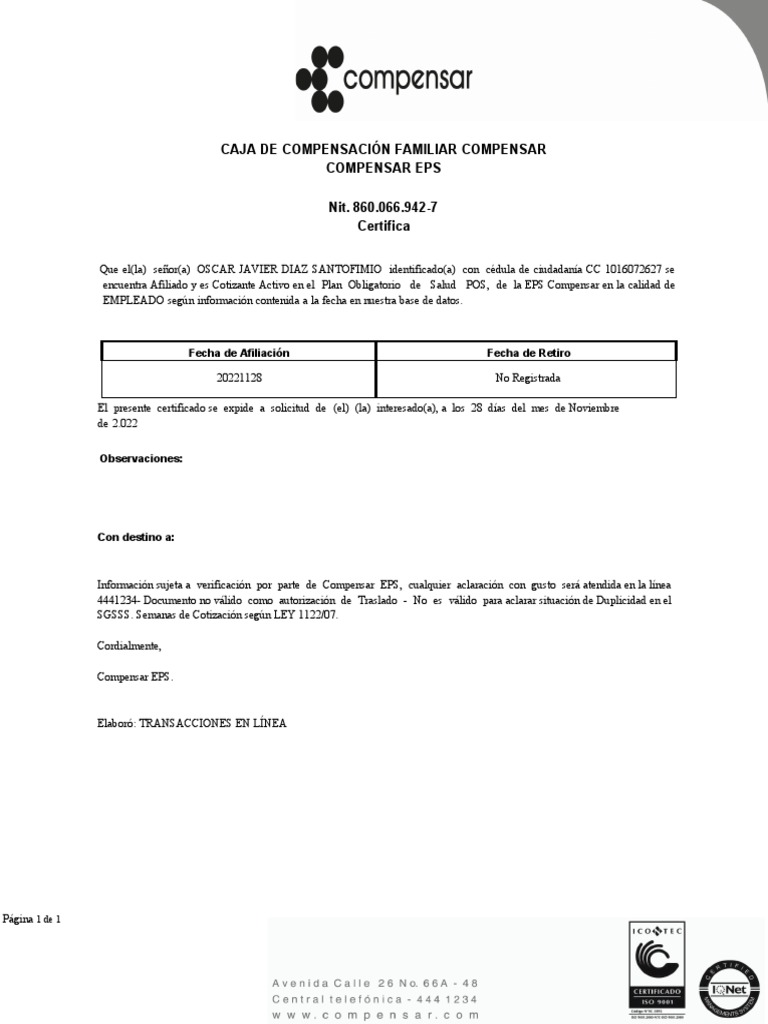 Certificado de Eps Compensar | PDF