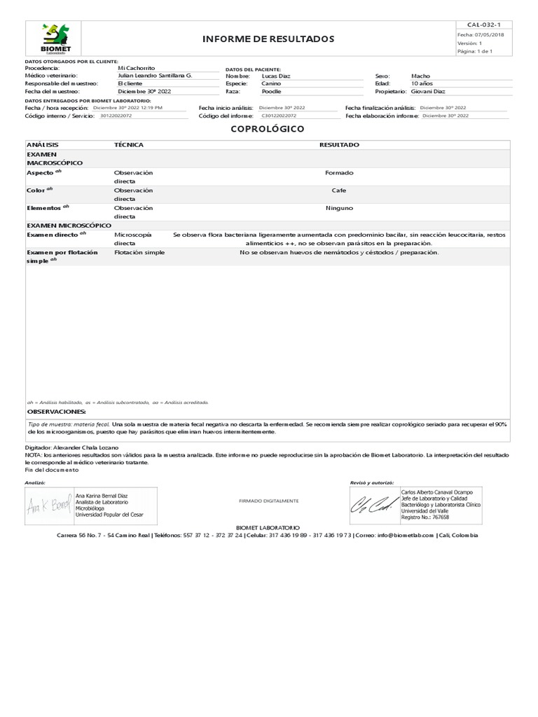 Informe de Examen Coprológico Canino | PDF | Medicina | Medicina CLINICA