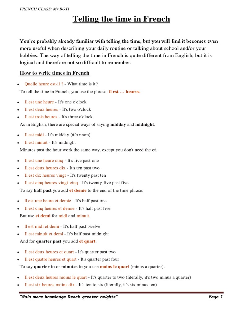 French Time Worksheets