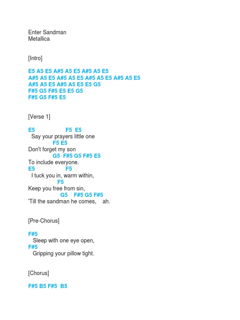 Chords & Lyrics - Enter Sandman | PDF | Language Arts & Discipline