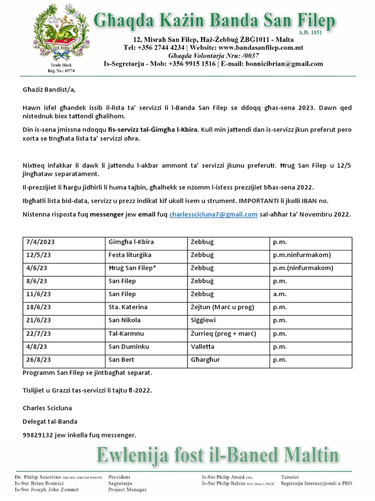 Servizzi Banda San Filep 2023 Bandisti Barranin | PDF