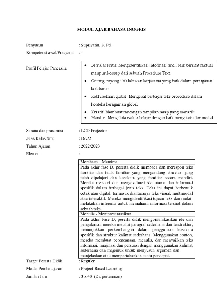 Modul Ajar Dan LKPD Procedure Text | PDF