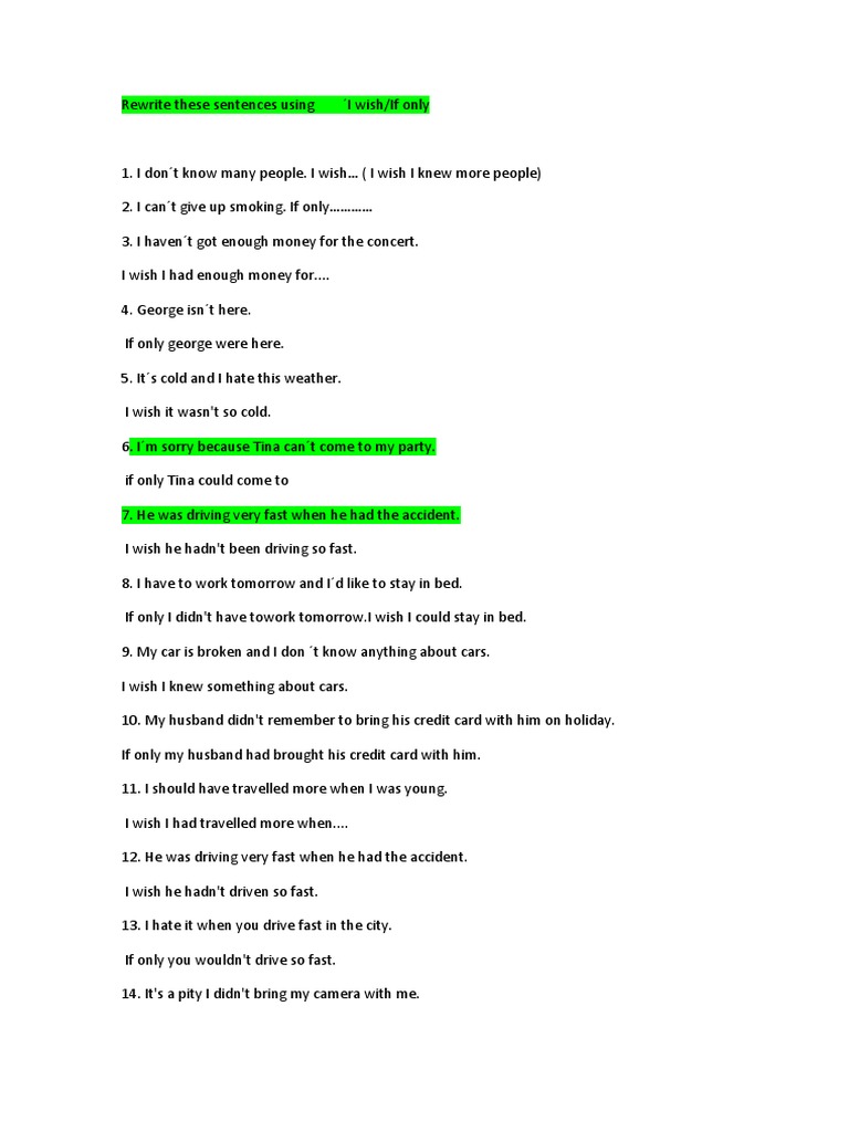 Rewrite These Sentences Using I Wish, If Only | PDF