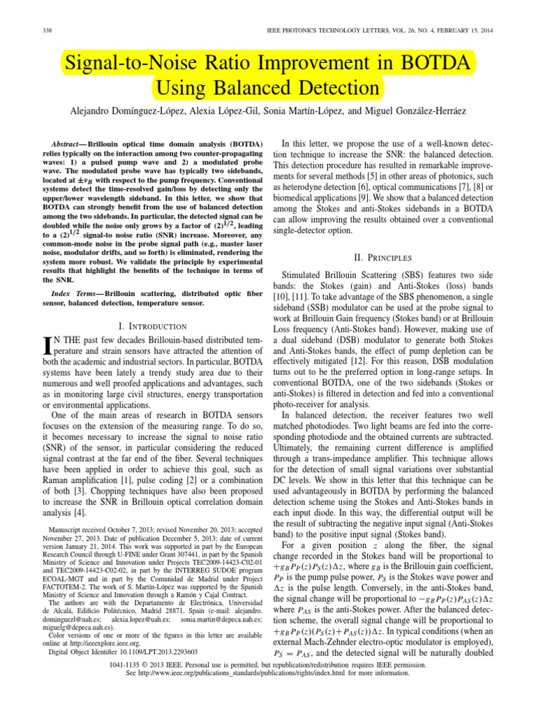 Signal-to-Noise Ratio Improvement in BOTDA Using Balanced Detection | PDF | Signal To Noise ...