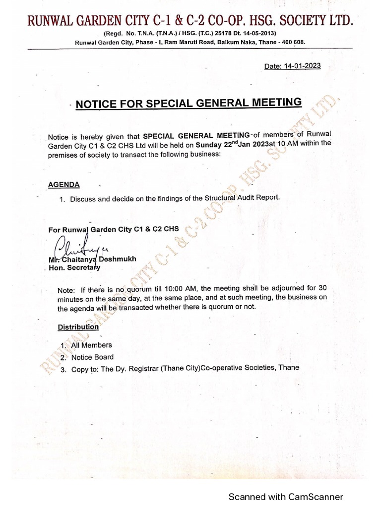 Sample Society General Meeting Notice | PDF
