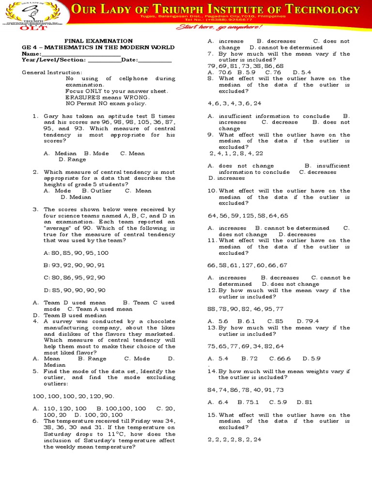 FINAL EXAMINATION (Math in Modern World) Questionnaire | PDF | Outlier ...