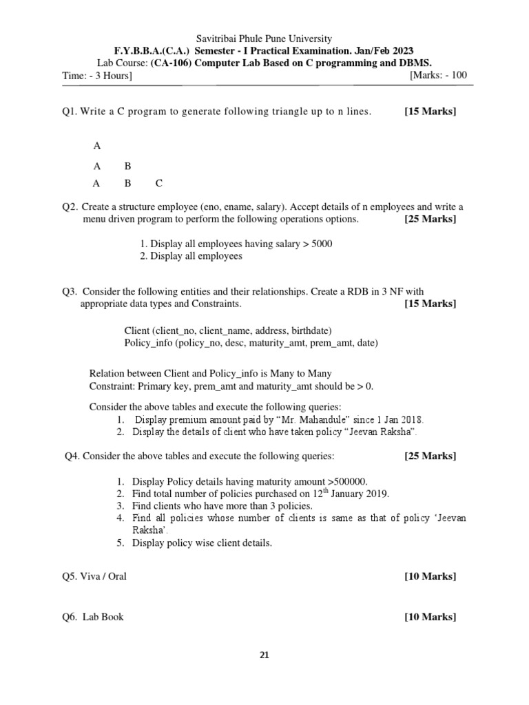 C Programming & DBMS Practical Exam | PDF
