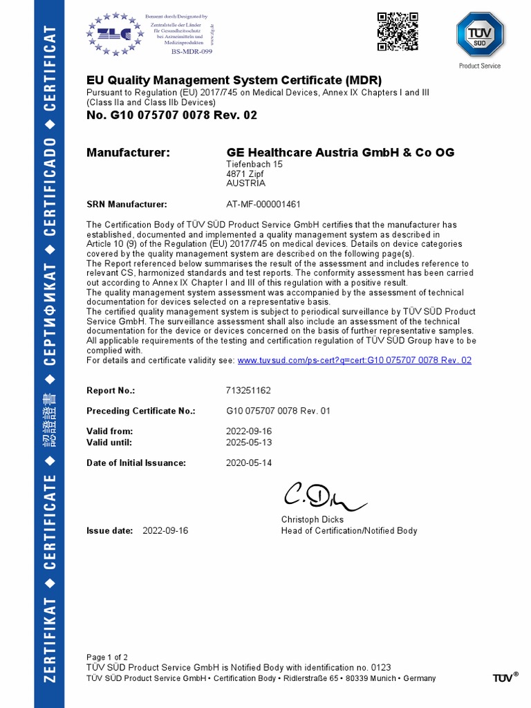 EC Certificate G10 075707 0078 Rev. 02 | PDF | Medical Device | Quality ...