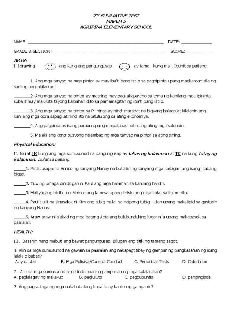 ST - MAPEH 5 - Q2 - January | PDF