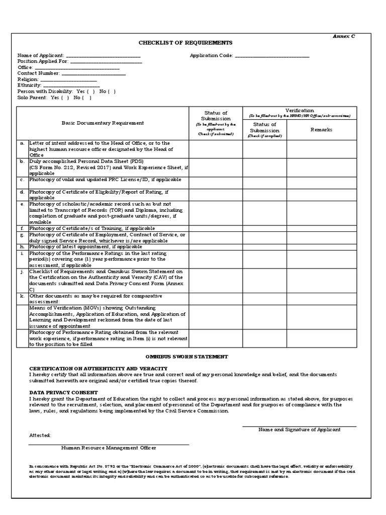Annex C - Checklist of Requirements and Omnibus Sworn Statement | PDF | Authentication ...