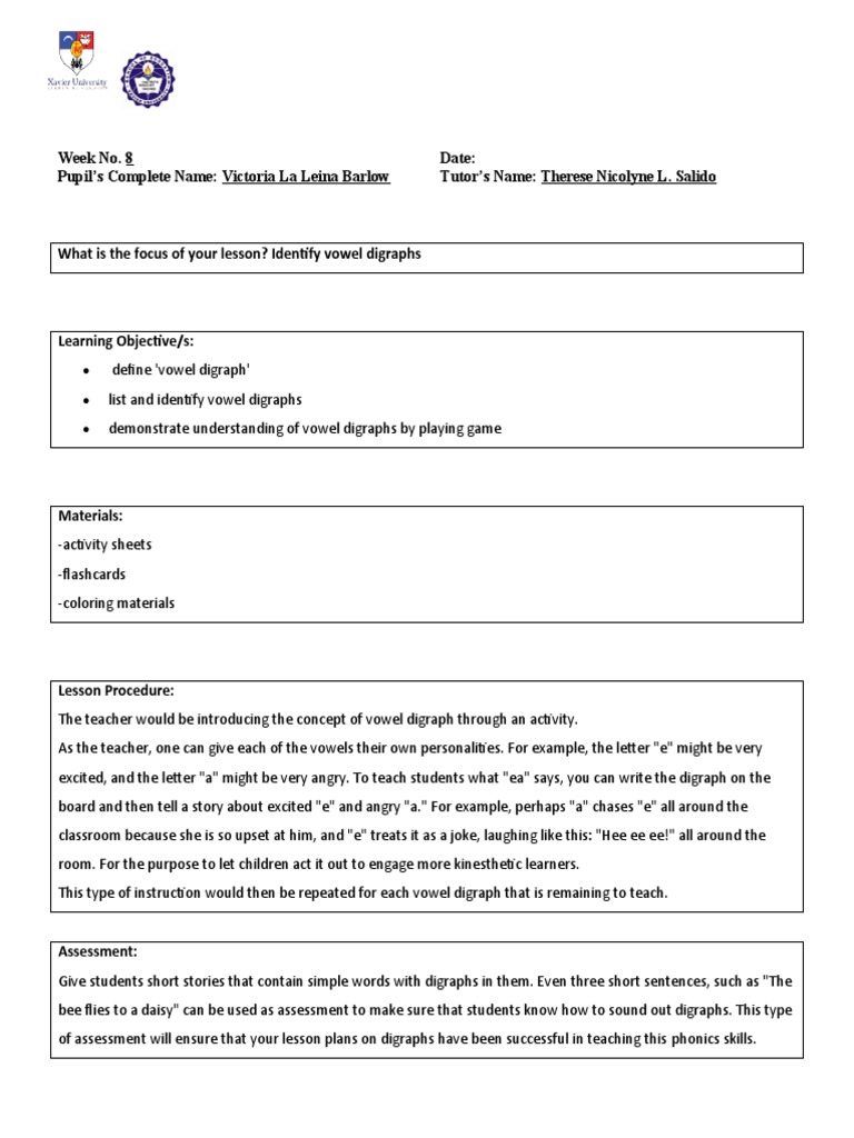 Vowel Digraphs Lesson Plan | PDF