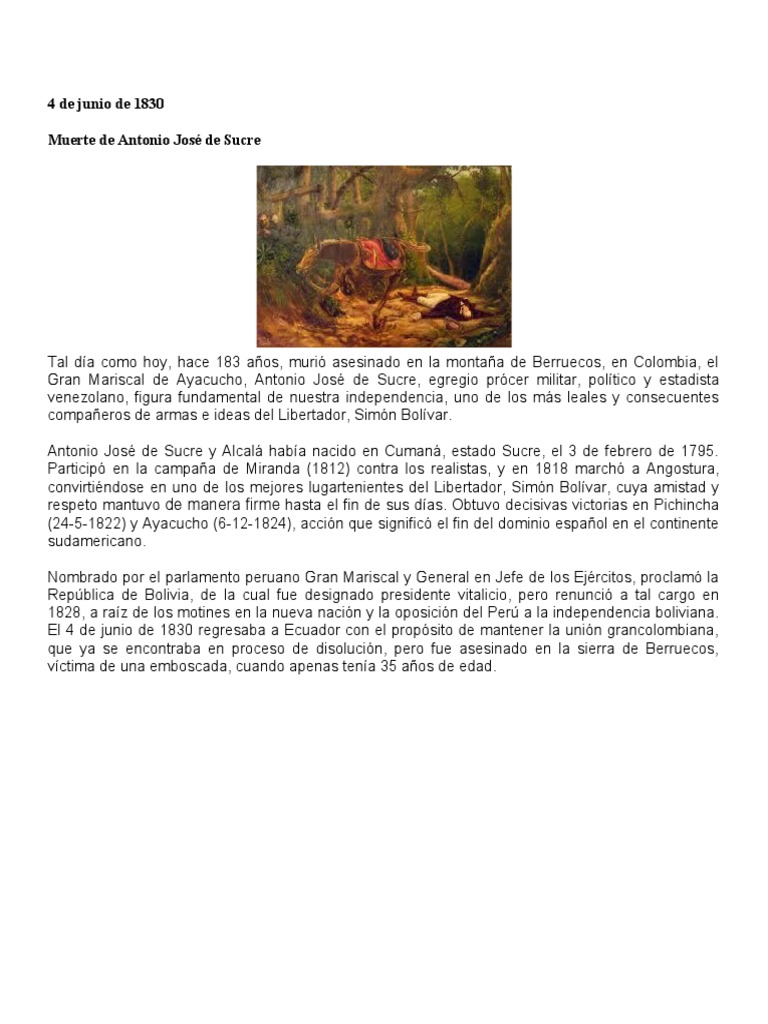 4 de Junio de 1830 (Muerte de Antonio Jose de Sucre) | PDF