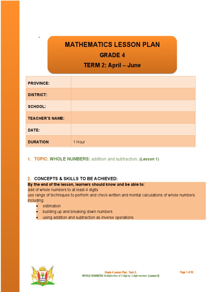 Grade 4 Maths Lesson Plan Term 2 | PDF | Subtraction | Lesson Plan