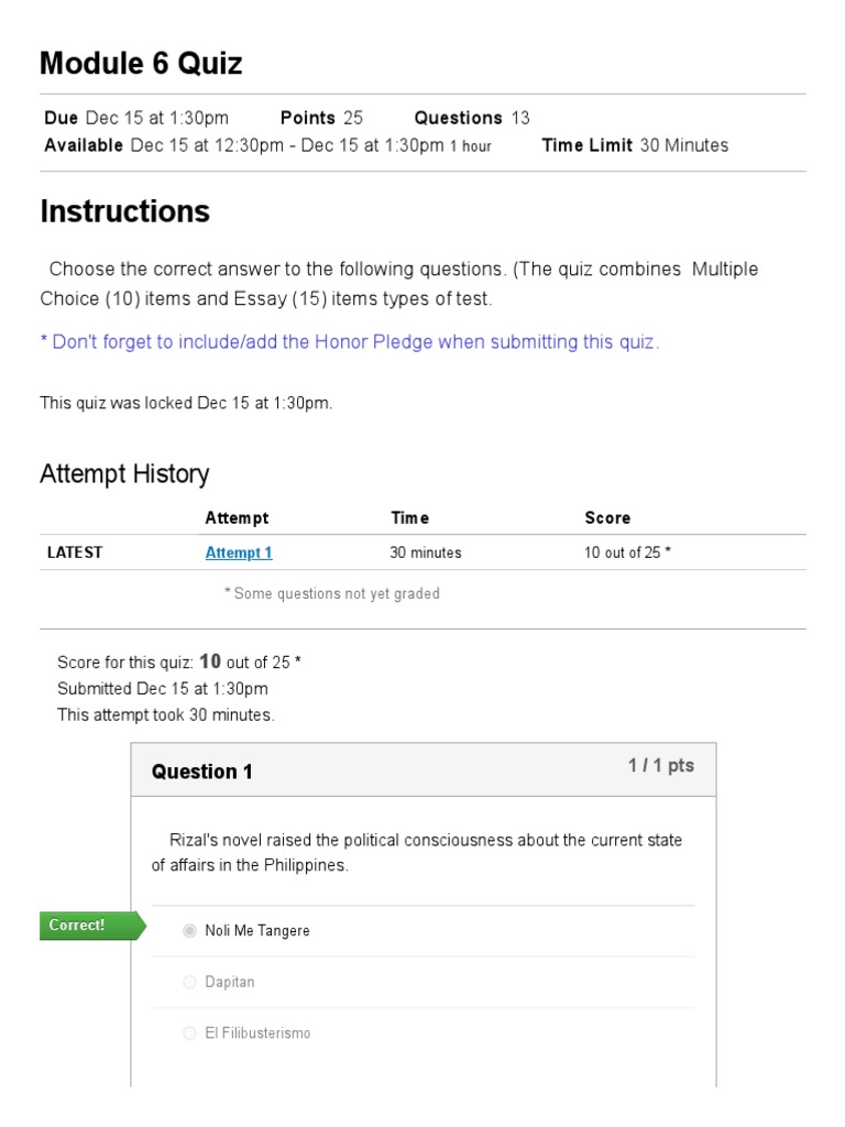 Module 6 Quiz - GEM 001 - Life and Works of Rizal | PDF