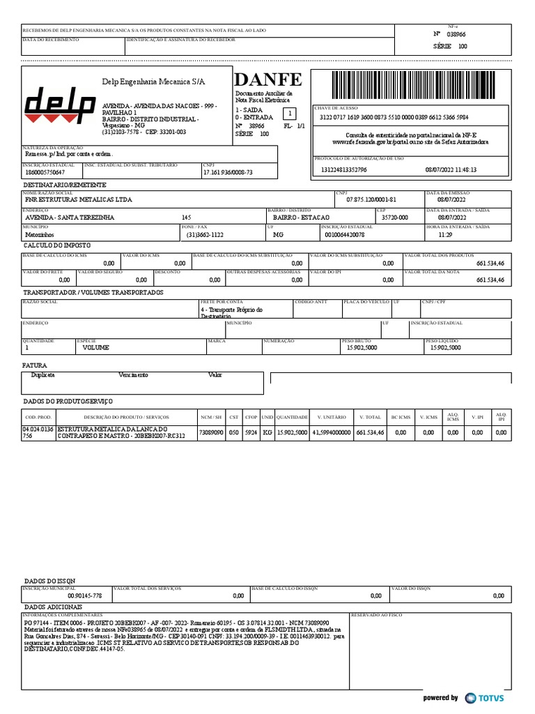 NFe 038966 | PDF | Recibo | Contabilidade