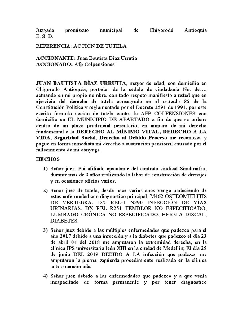Acción de Tutela JUAN DIAZ (Pensiones) | PDF | Derecho Constitucional ...
