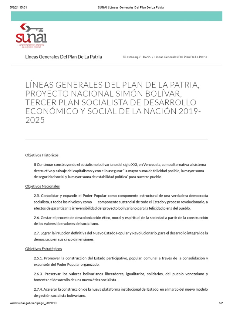 02 SUNAI _ Líneas Generales Del Plan de La Patria | PDF