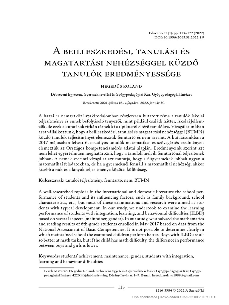 1419 8827 Article p113 BTMN Tanulók Eredményessége | PDF