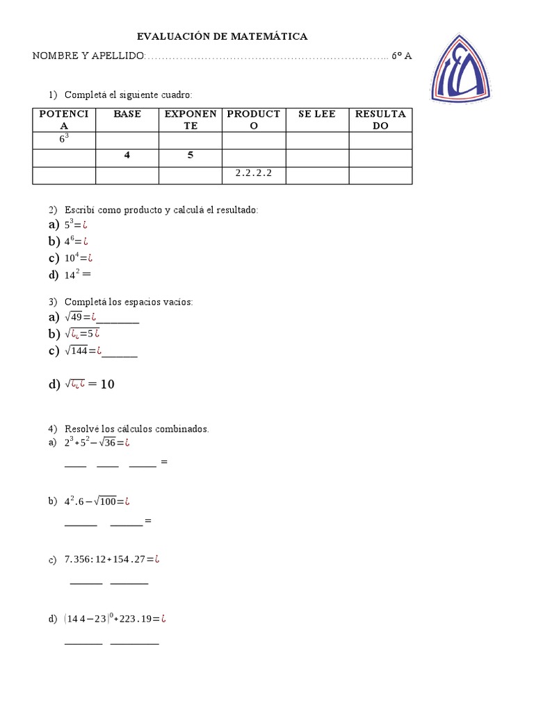 Evaluacion de Matematica 6° Potencia y Raiz | PDF