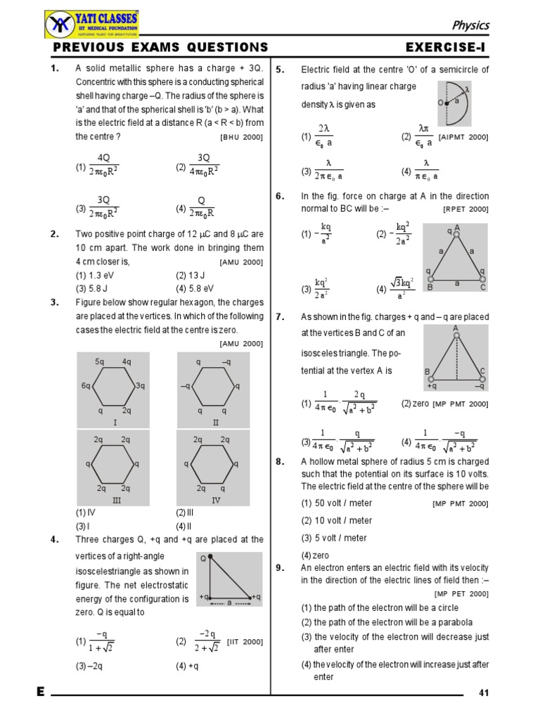 Previous Exams Questions Exercise-I: Physics | PDF | Electric Field ...
