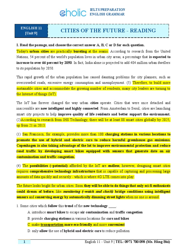 (G11) UNIT 9 - Cities in The Future - Reading Comprehension | PDF ...