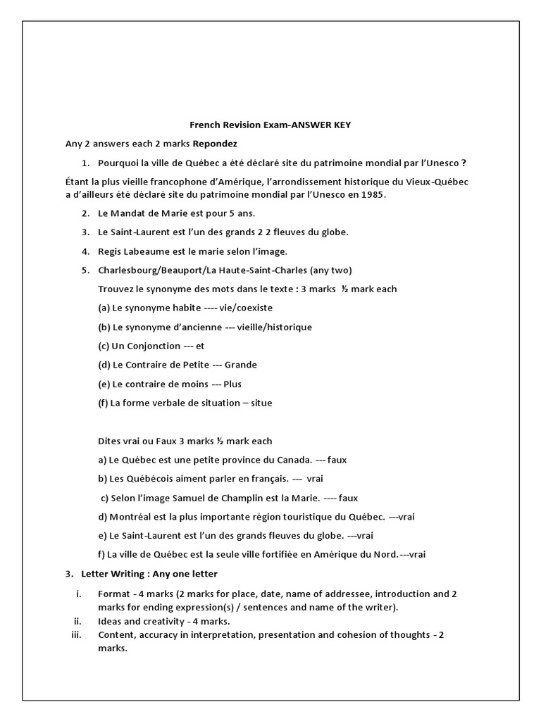 ANSWER KEY French Revision Exam | PDF