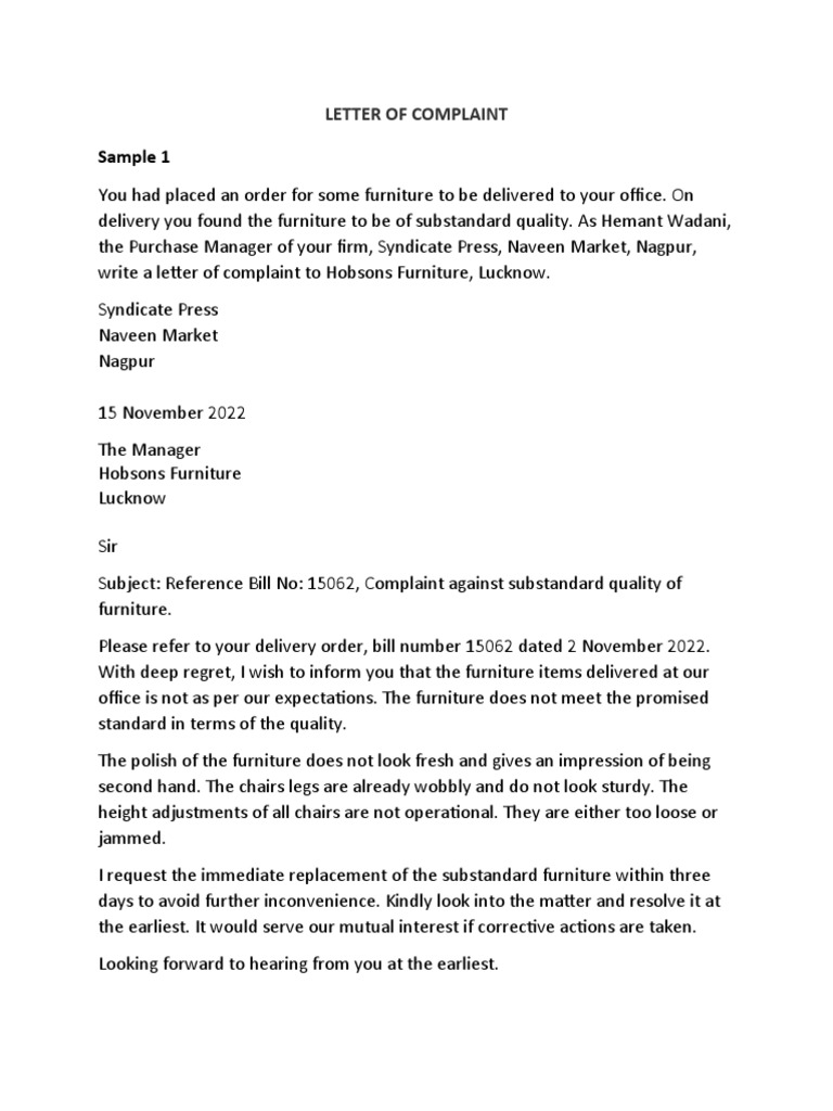 LETTER OF COMPLAINT Samples | PDF